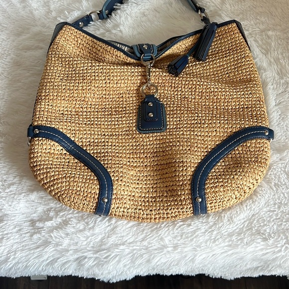 Coach | Bags | Coach Straw Shoulder Bag With Blue Details | Poshmark